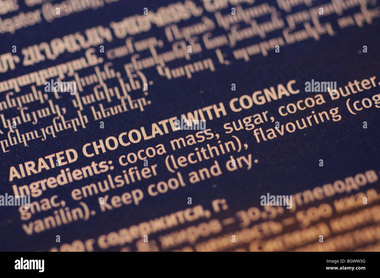 Ingredient list on chocolate package Stock Photo - Alamy