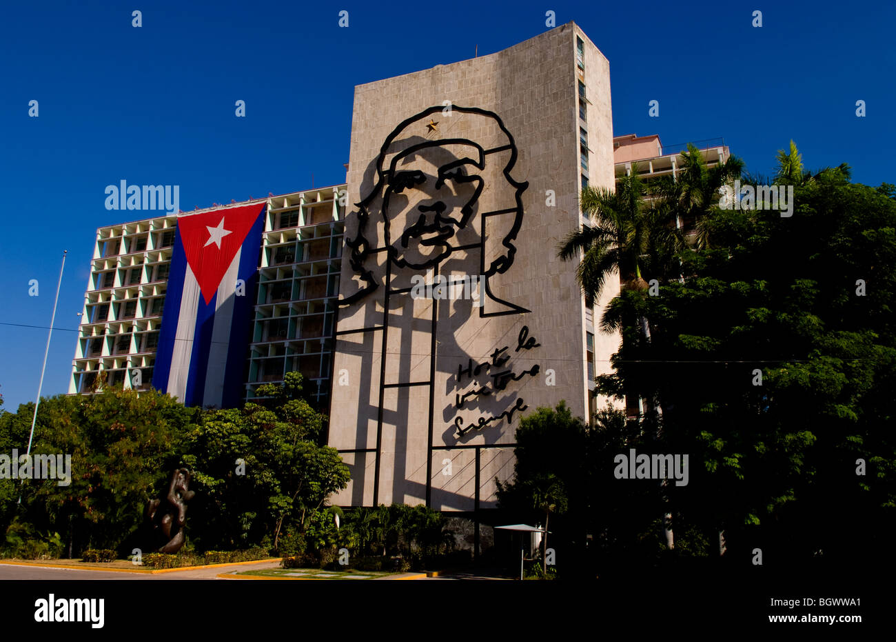 Revolution Square in Havana Cuba with large neon artwork of Che on wall ...