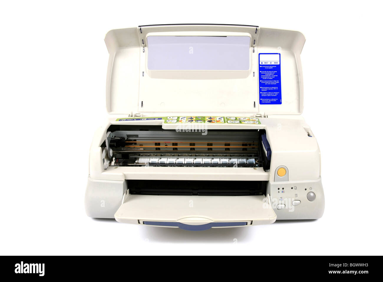 Inside an A4 Ink-jet printer showing the cartridges and printing system ...