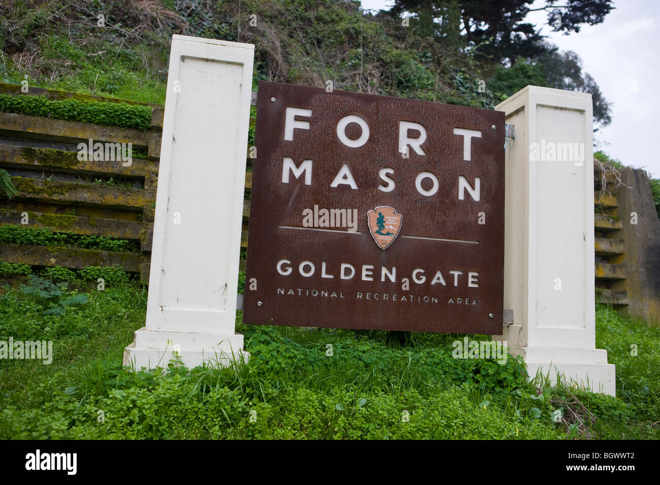 National Park Service welcome sign for Fort Mason, part of the Golden ...