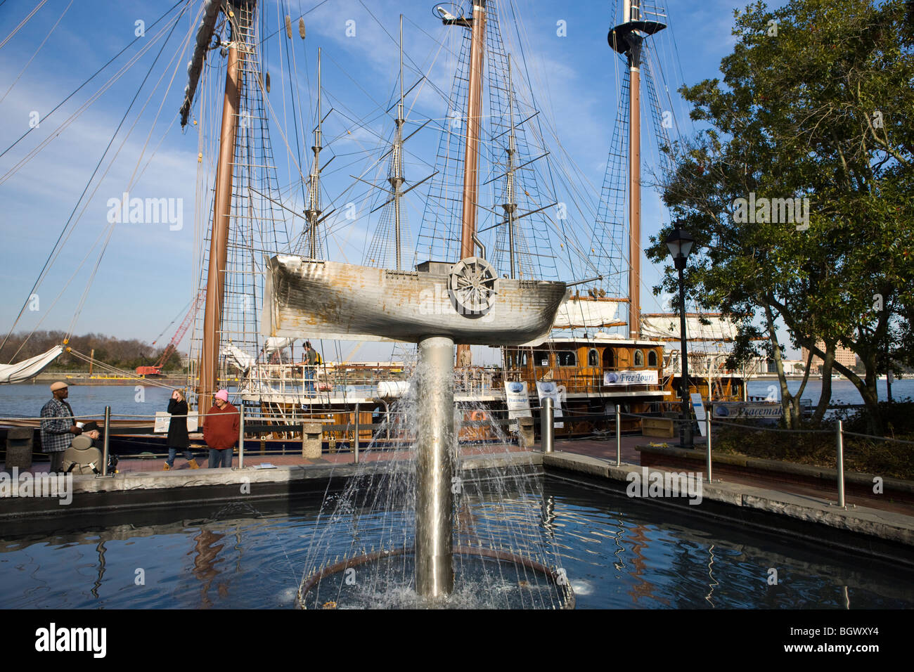 The three-masted ship the Peacemaker docked along the Savannah River in ...