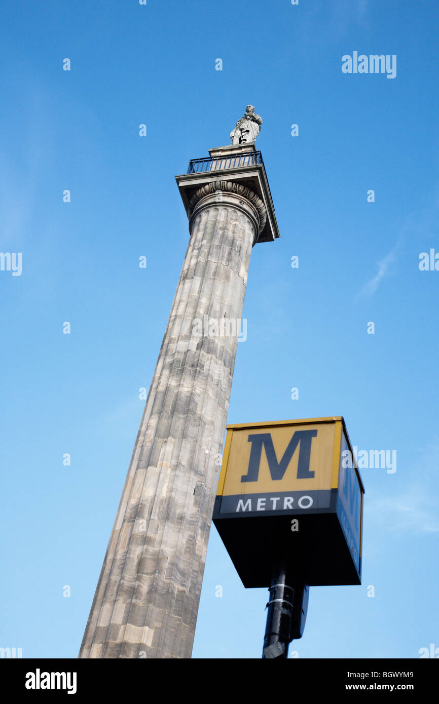 Grey's Monument and Metro sign Newcastle Upon Tyne Stock Photo - Alamy