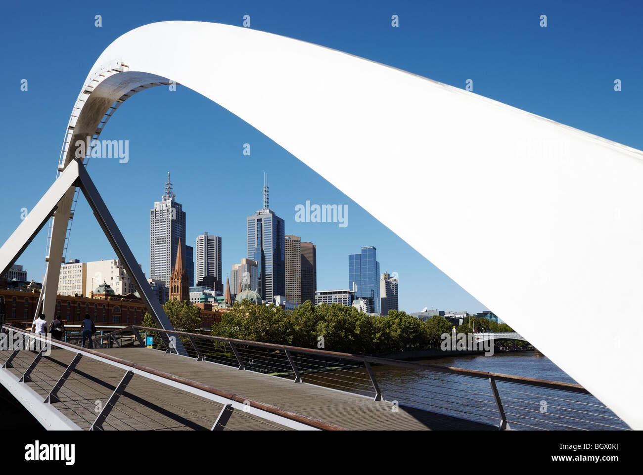 Pedestrian bridge across the Yarra river and city view, Melbourne ...
