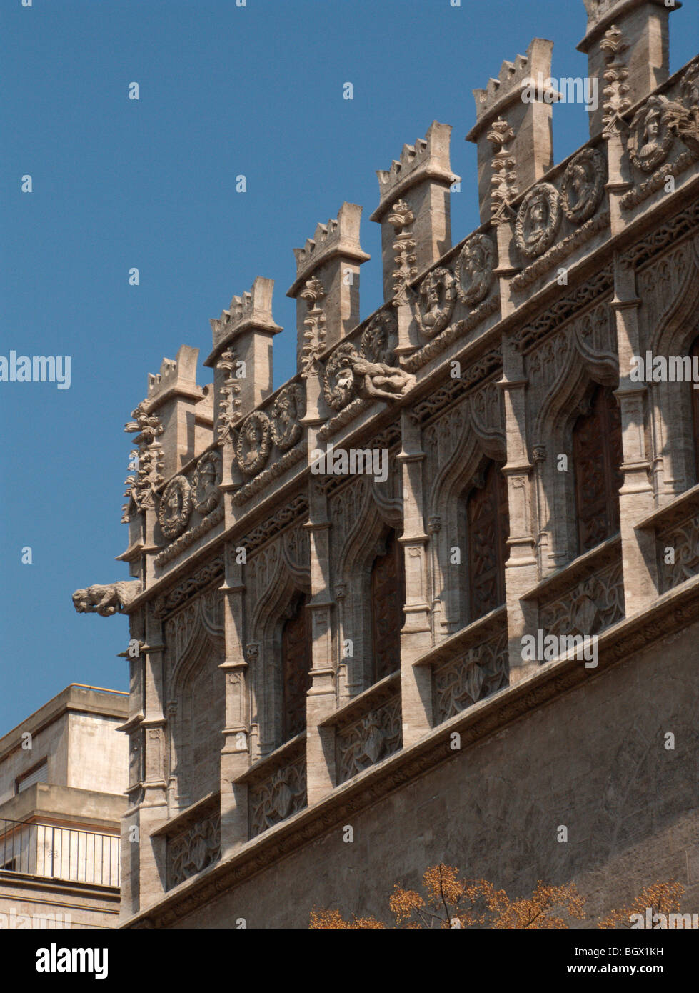 Merlon and gargoyles. La Lonja de la Seda (Silk Exchange building ...