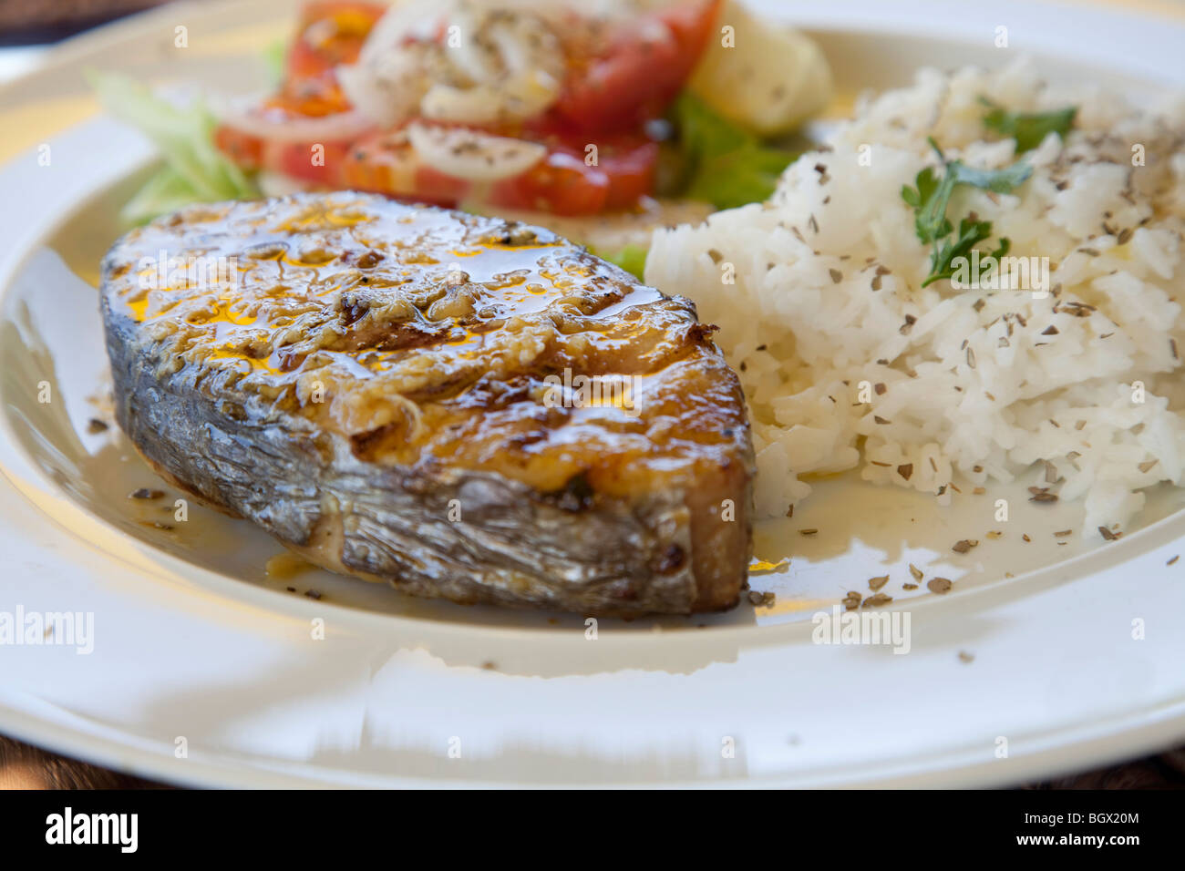 Fish, rice and salad Stock Photo - Alamy