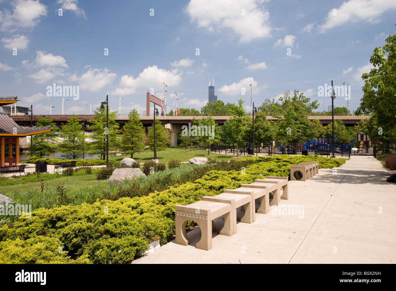 Chicago's Ping Tom Memorial Park and garden with a view of the Willis ...