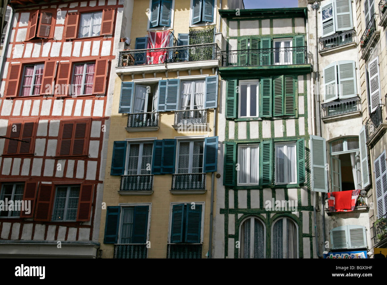 Quarter timbered buildings with shuttered windows Bayonne Bordeaux ...