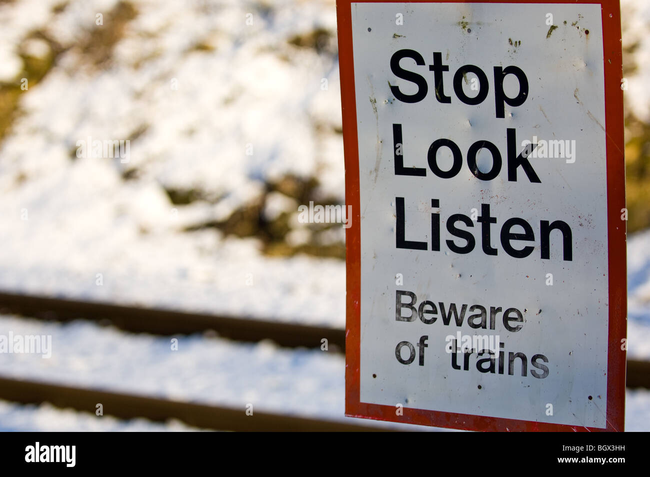 Stop, Look & Listen Train coming Stock Photo - Alamy