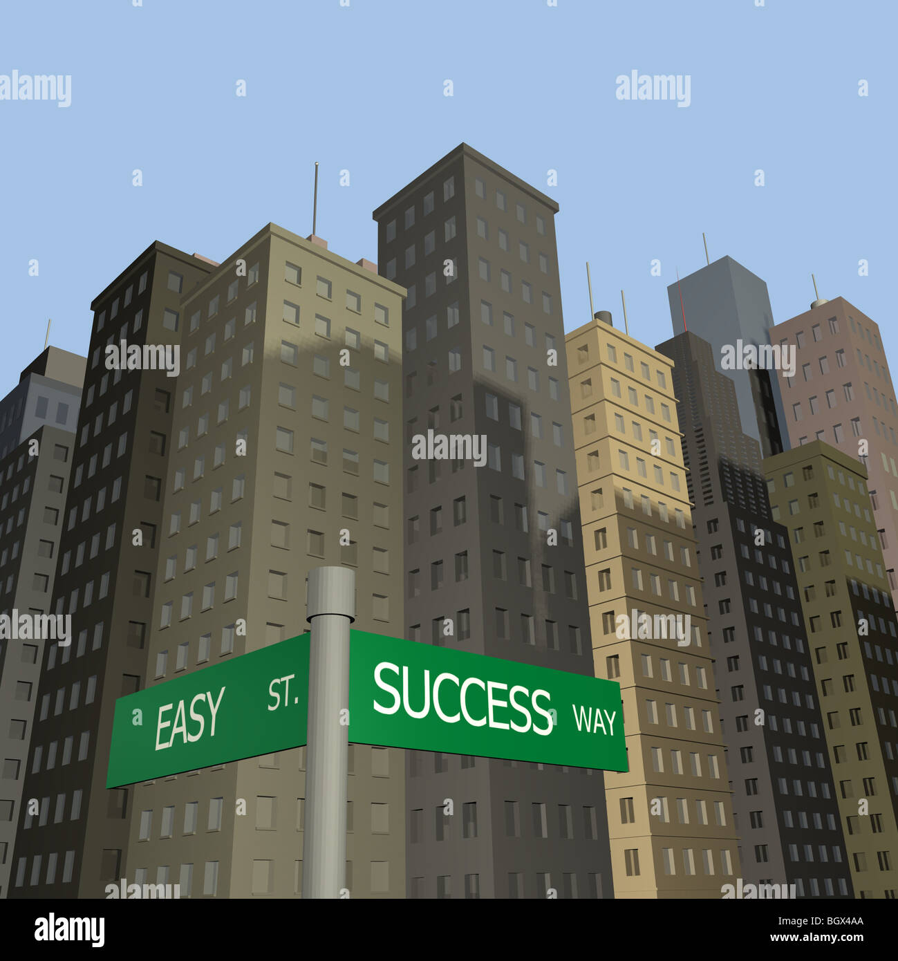 3d Render of Success Way and Easy St. signs with skyscrapers in the ...
