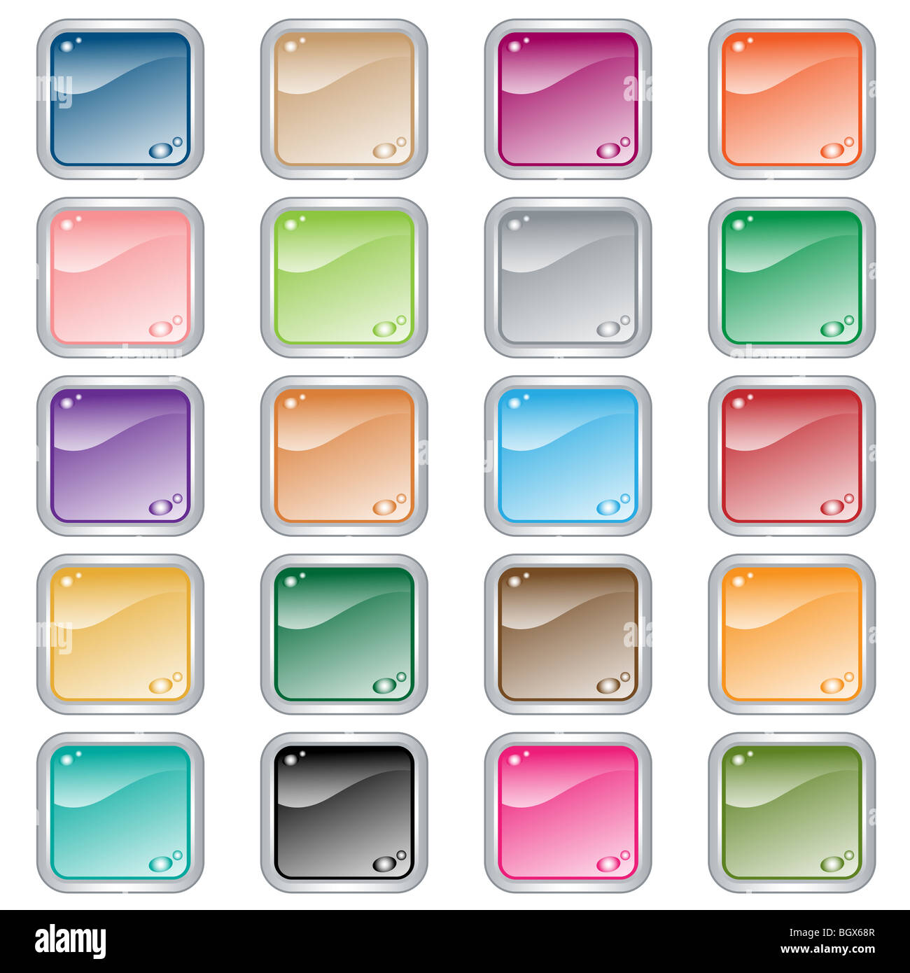 Web buttons. Square set of 20 push buttons in assorted colors. Isolated ...