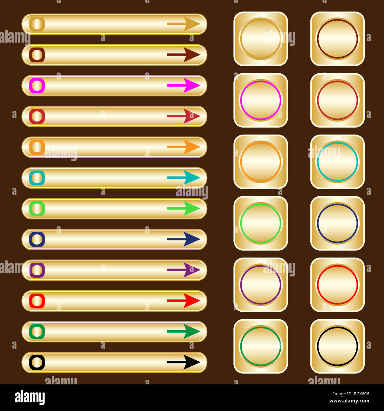 Web buttons in gold with assorted colored arrows and shapes. Isolated ...