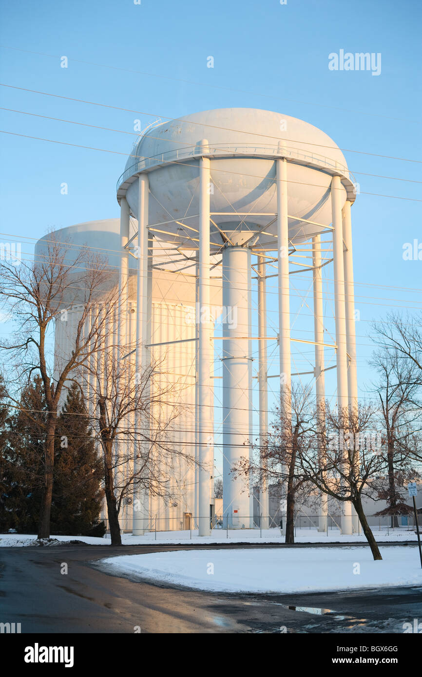 Water Towers in the Winter against a blue sky Stock Photo - Alamy