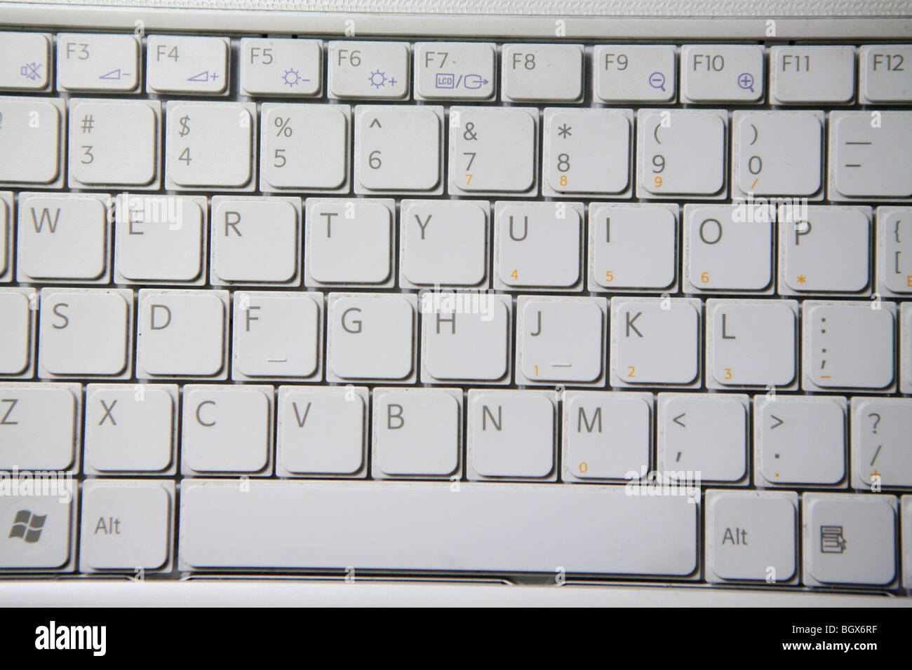 Very close shot of a white laptop keyboard showing letters Stock Photo ...