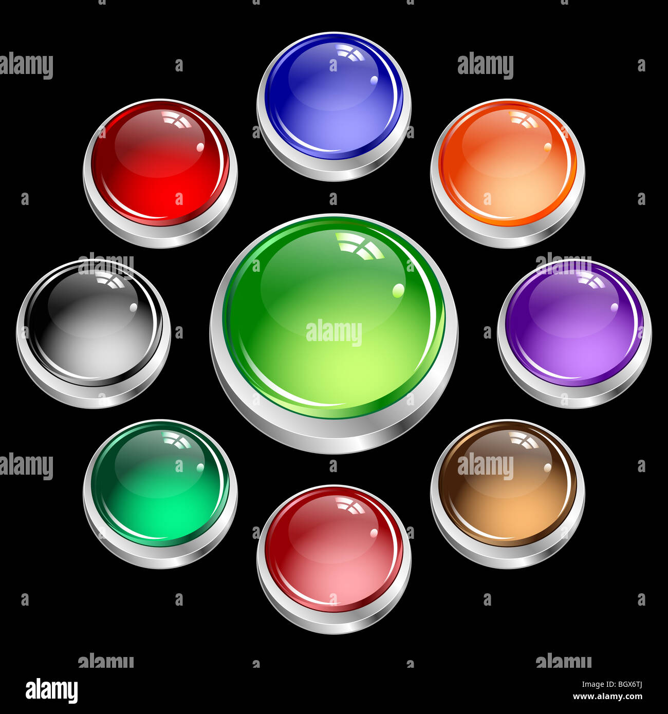 Web buttons round assorted colors set in silver casing. Glossy buttons ...