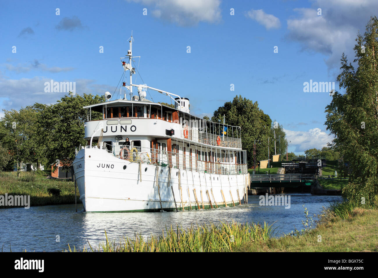 The old passenger ship M/S Juno, IMO 8634132, passing Göta Canal ...