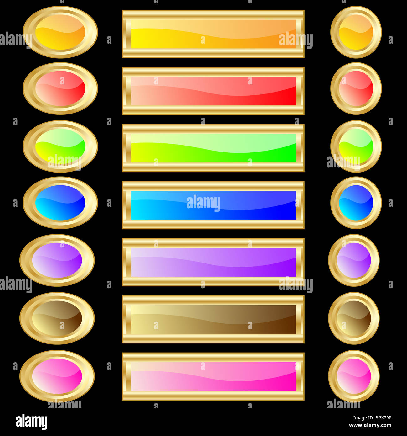 Web buttons in various glossy colors with gold rims. Isolated on black ...