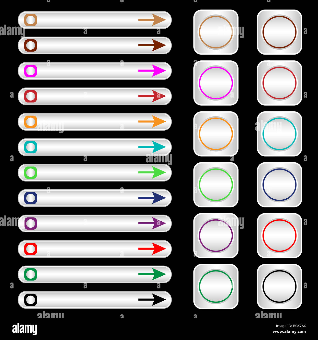 Web buttons, silver white with assorted colored arrows and shapes ...