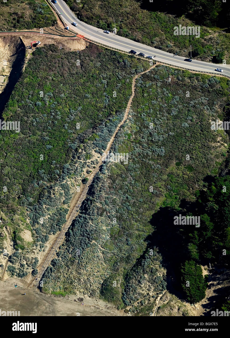 aerial view above path stairs Baker Beach San Francisco California ...