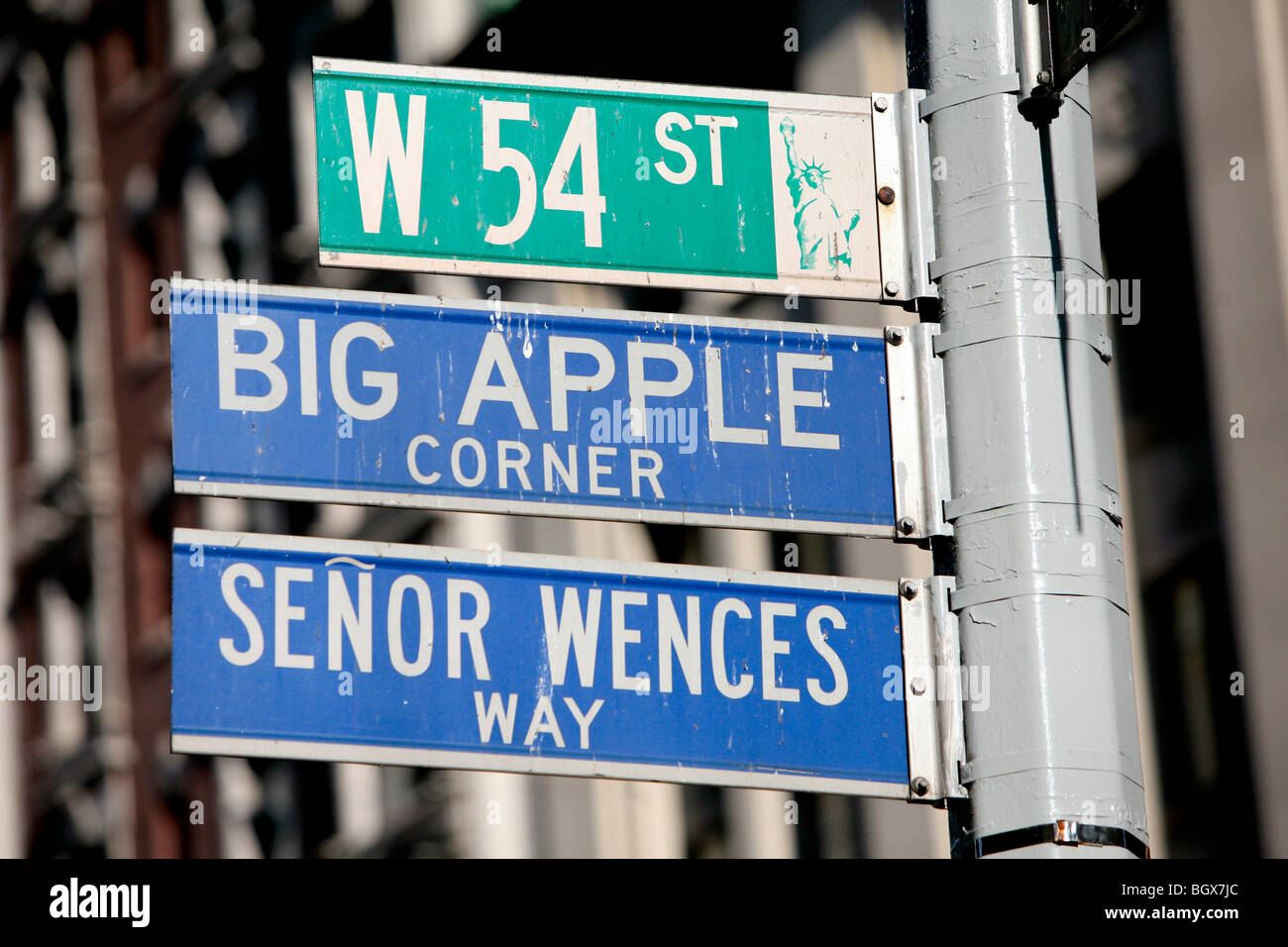 US street signs on Times Square and Fashion district in New York city ...