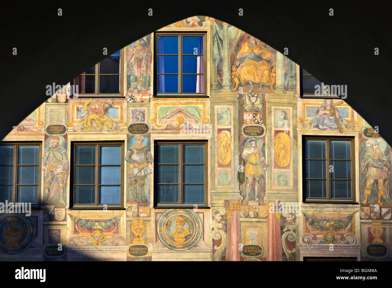 Murals painted on the facade of a building in the Old Town district in ...