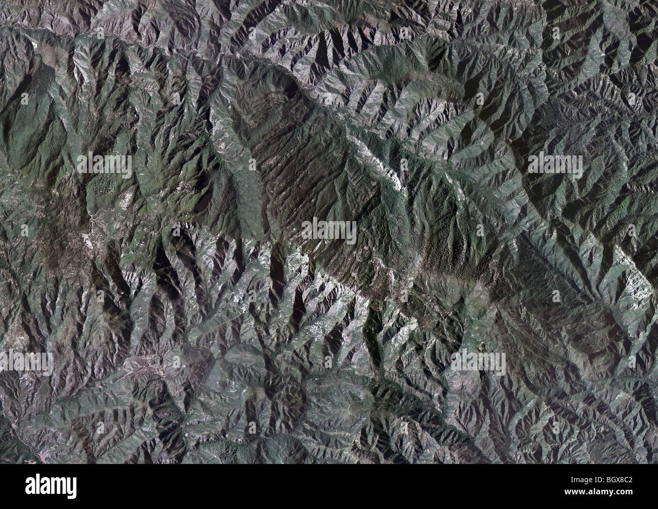 aerial map view above California coastal range mountains Santa Barbara ...