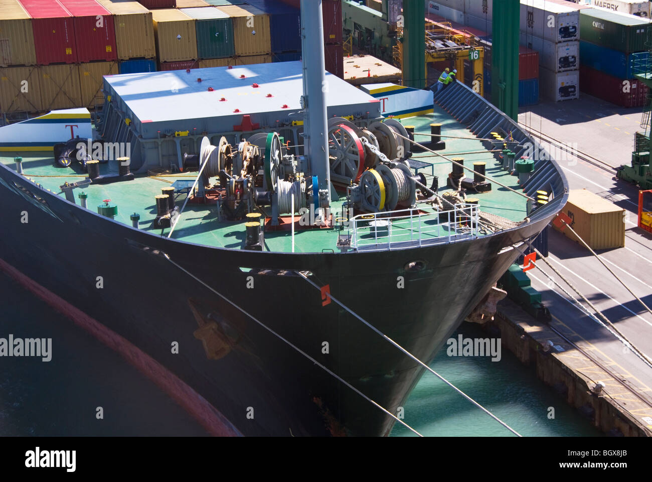 Bow of container ship moored alongside quay Stock Photo - Alamy