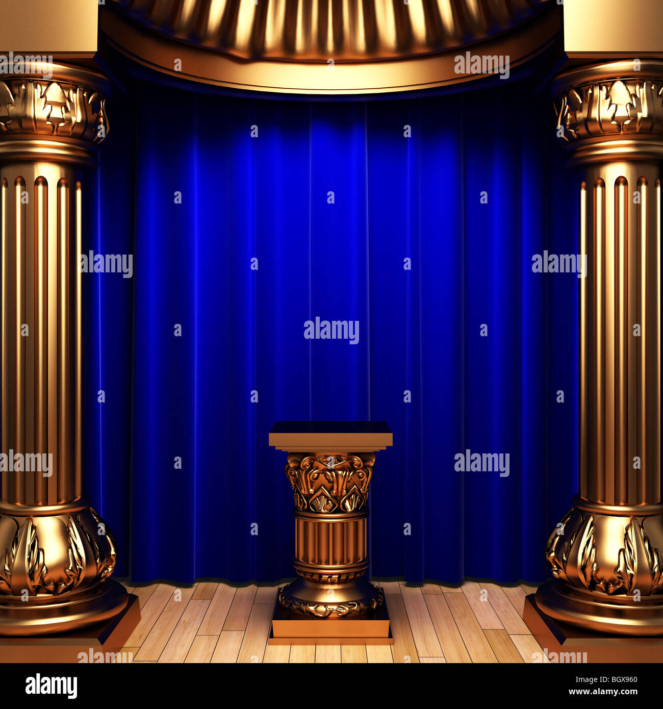 blue velvet curtains, gold columns and Pedestal Stock Photo - Alamy
