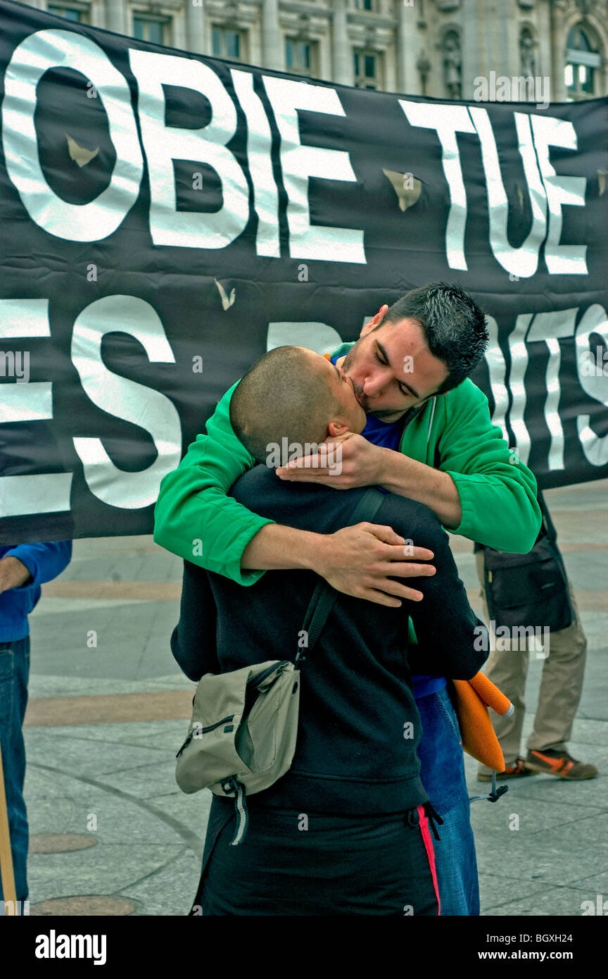 Paris, FRANCE - Homosexual Demonstration.Two Men, Gay Couple Kiss ...