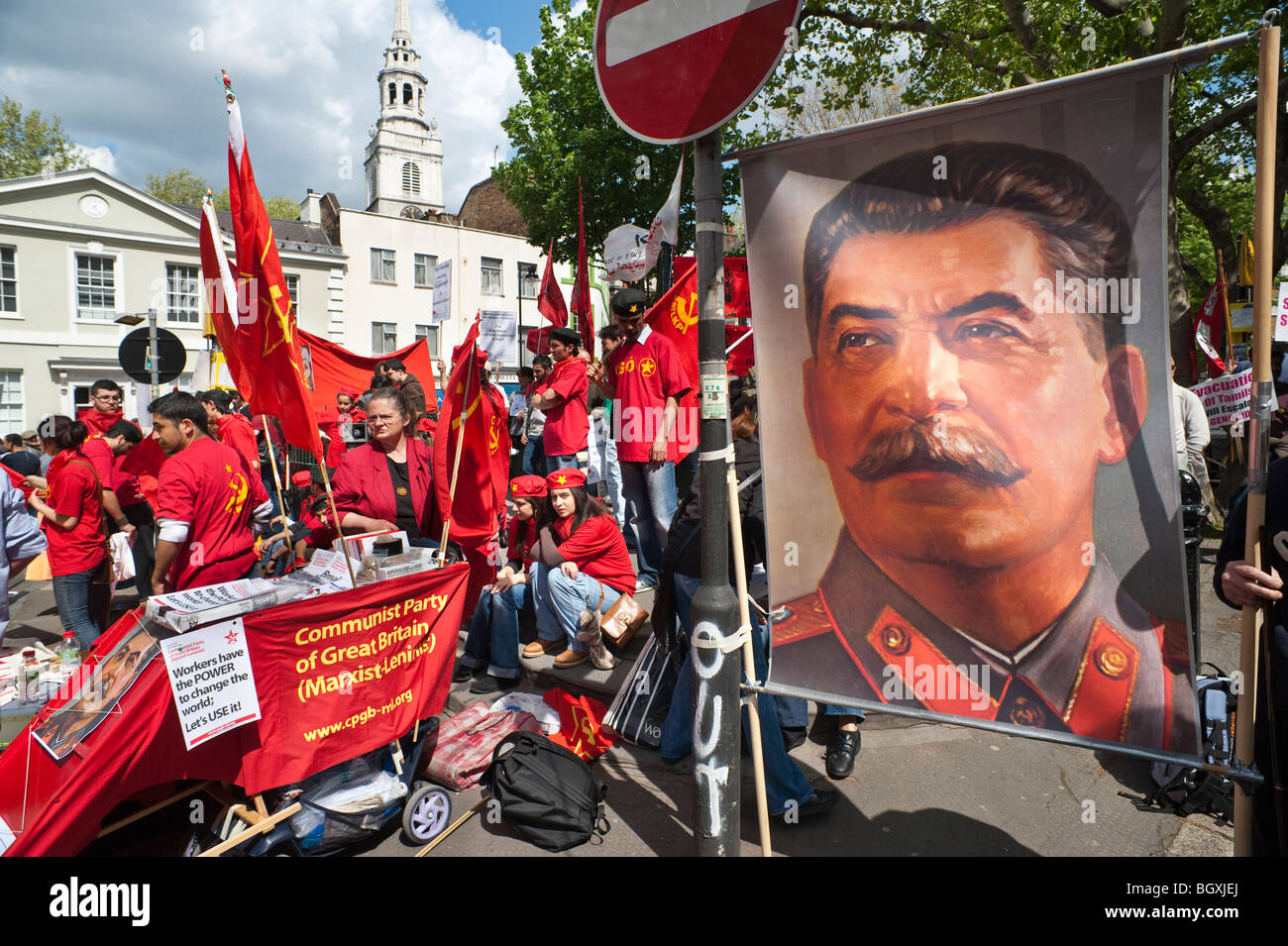 International Workers Day march on May Day. Giant portrait of Stalin ...
