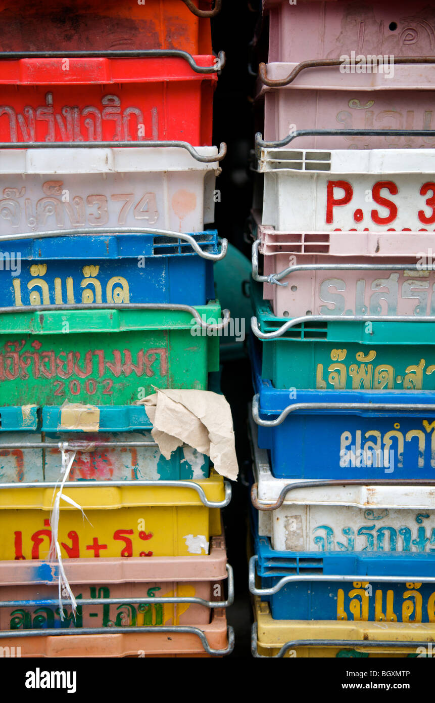 Plastic market crates staked up Stock Photo - Alamy