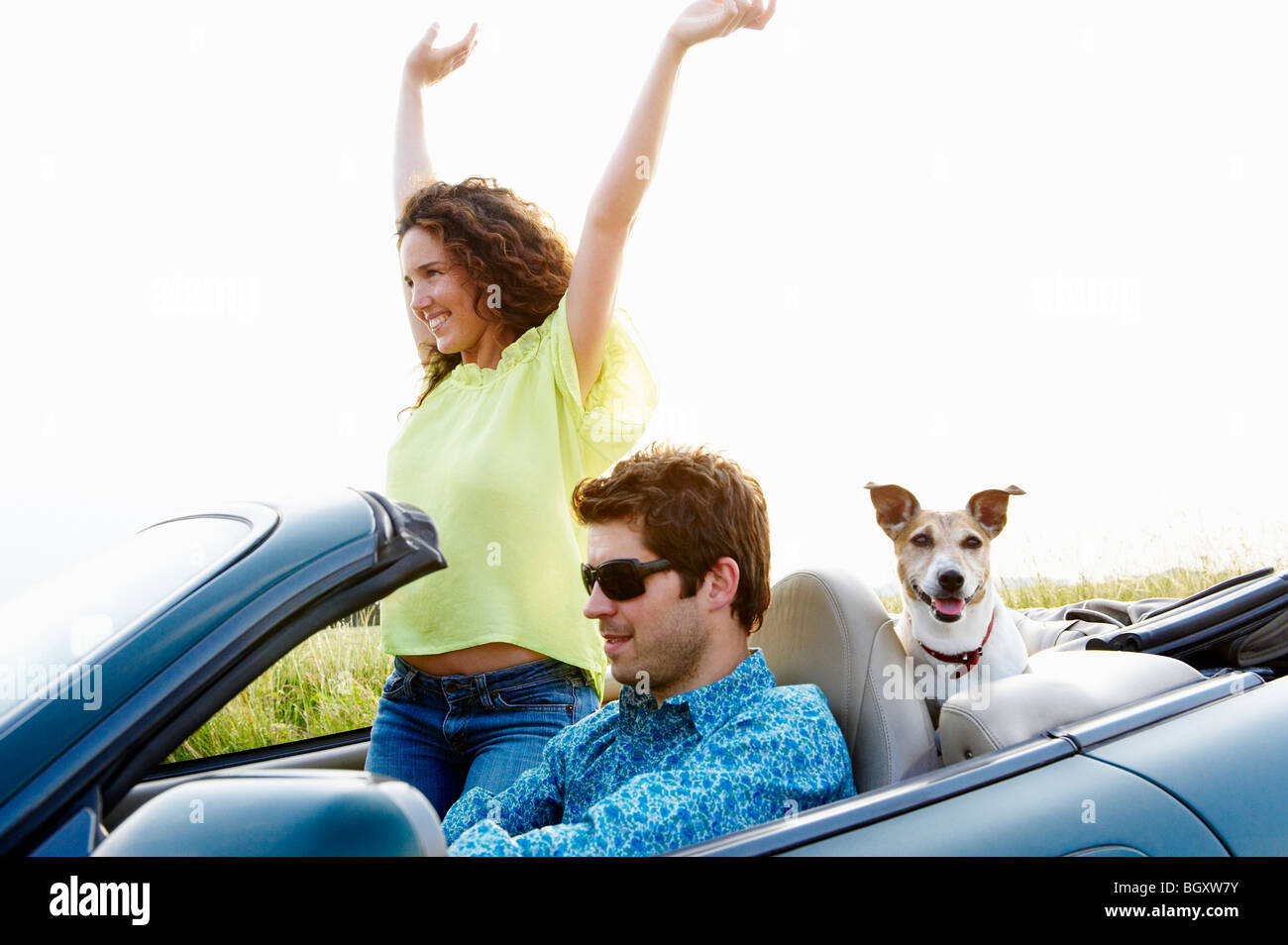 Couple in a convertible, with dog Stock Photo - Alamy