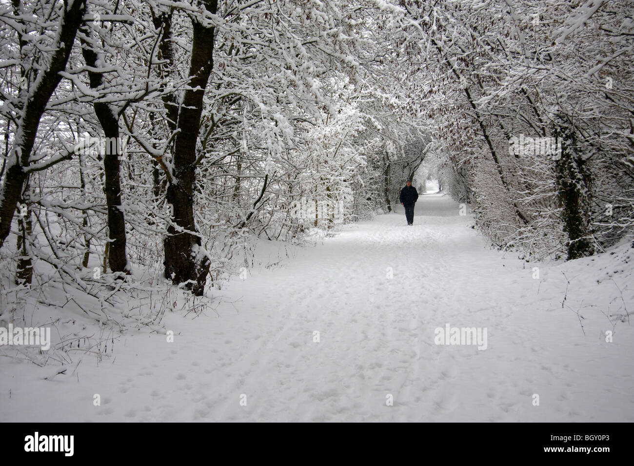 Man walking on a snowy path Stock Photo - Alamy