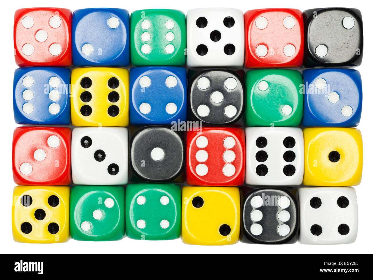 Mat of colourful multi coloured dice - overhead view Stock Photo - Alamy