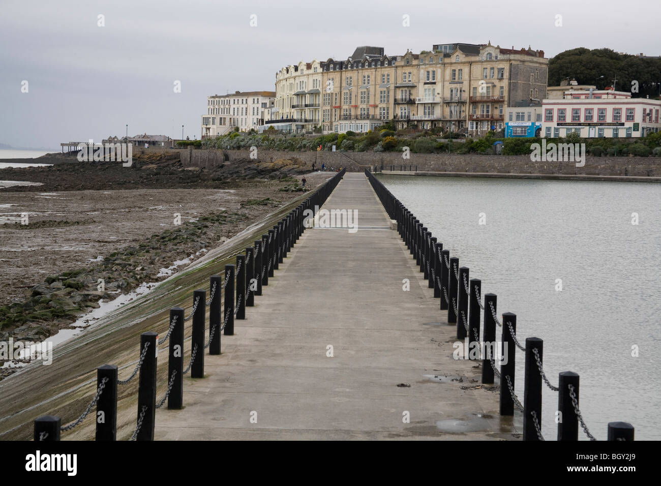 The causeway from Knightstone Island at Weston super Mare, Somerset UK ...