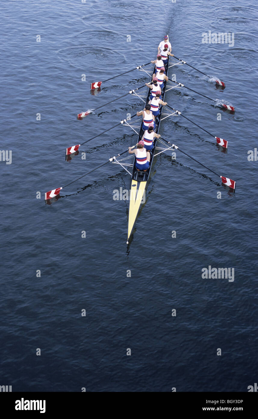 eight sportsmen rowing on a river Stock Photo - Alamy