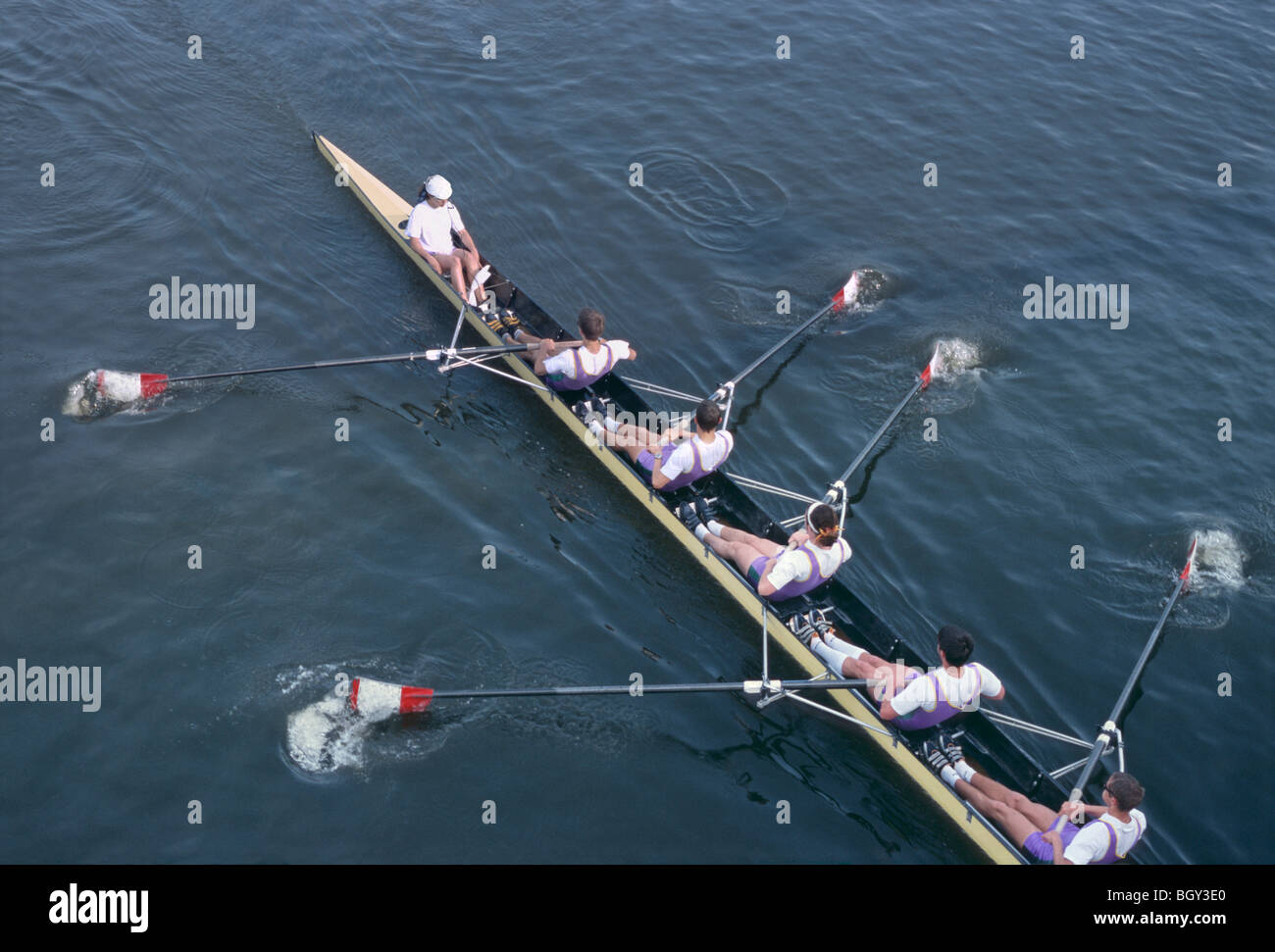 Young men and girls rowing on a river Stock Photo - Alamy