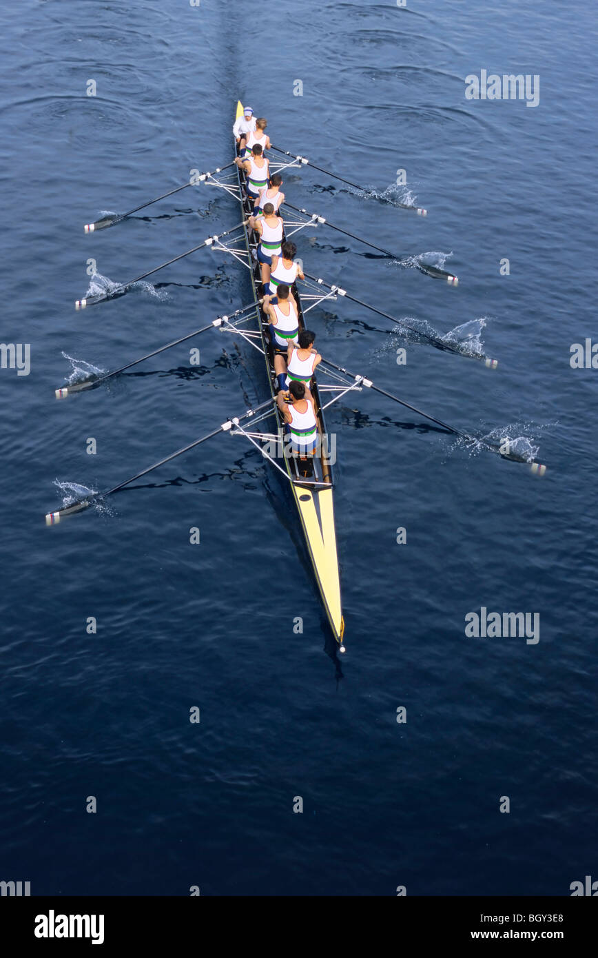 eight sportsmen rowing on a river Stock Photo - Alamy