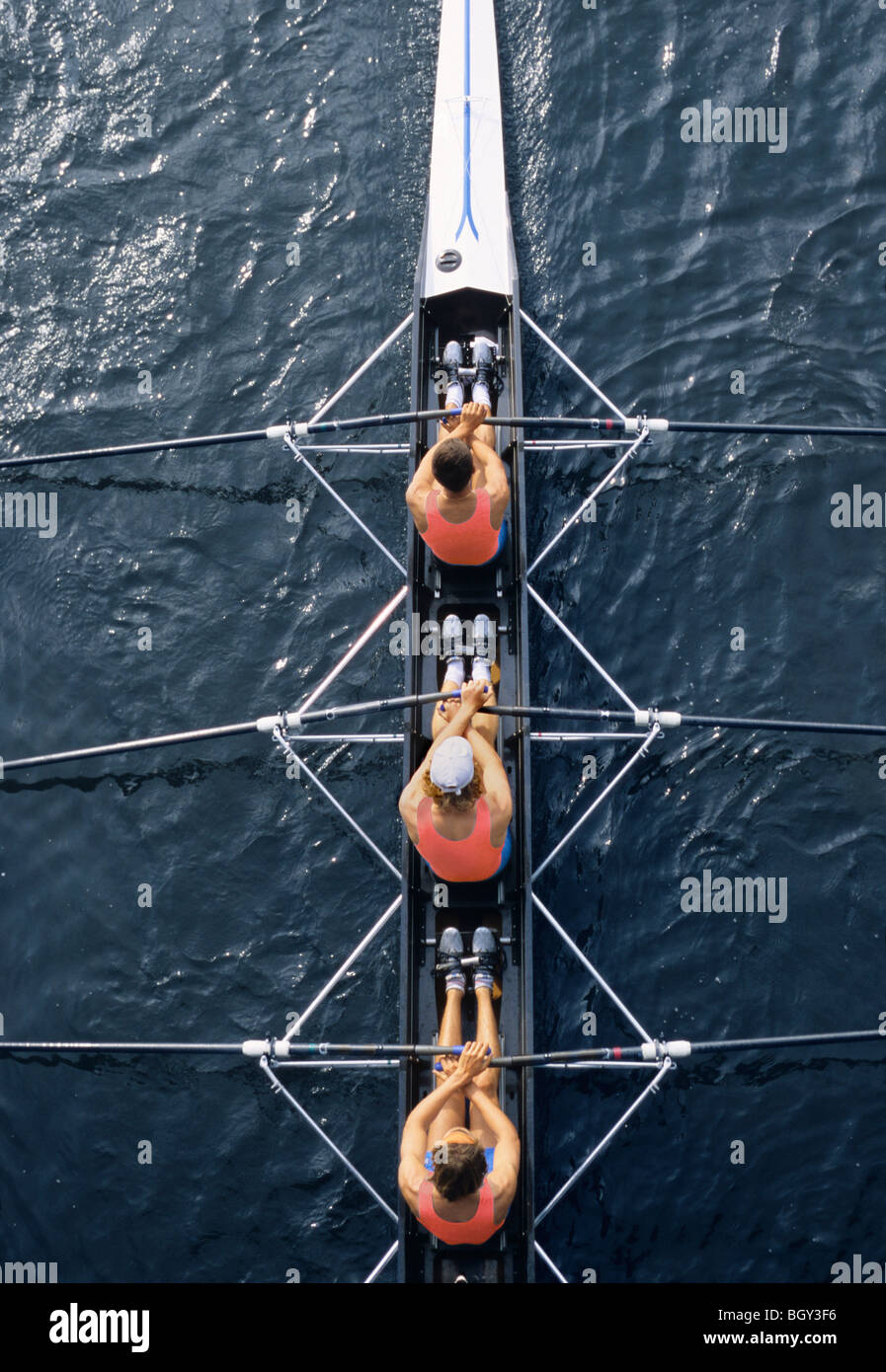 From above, sportsmen rowing on a river Stock Photo - Alamy