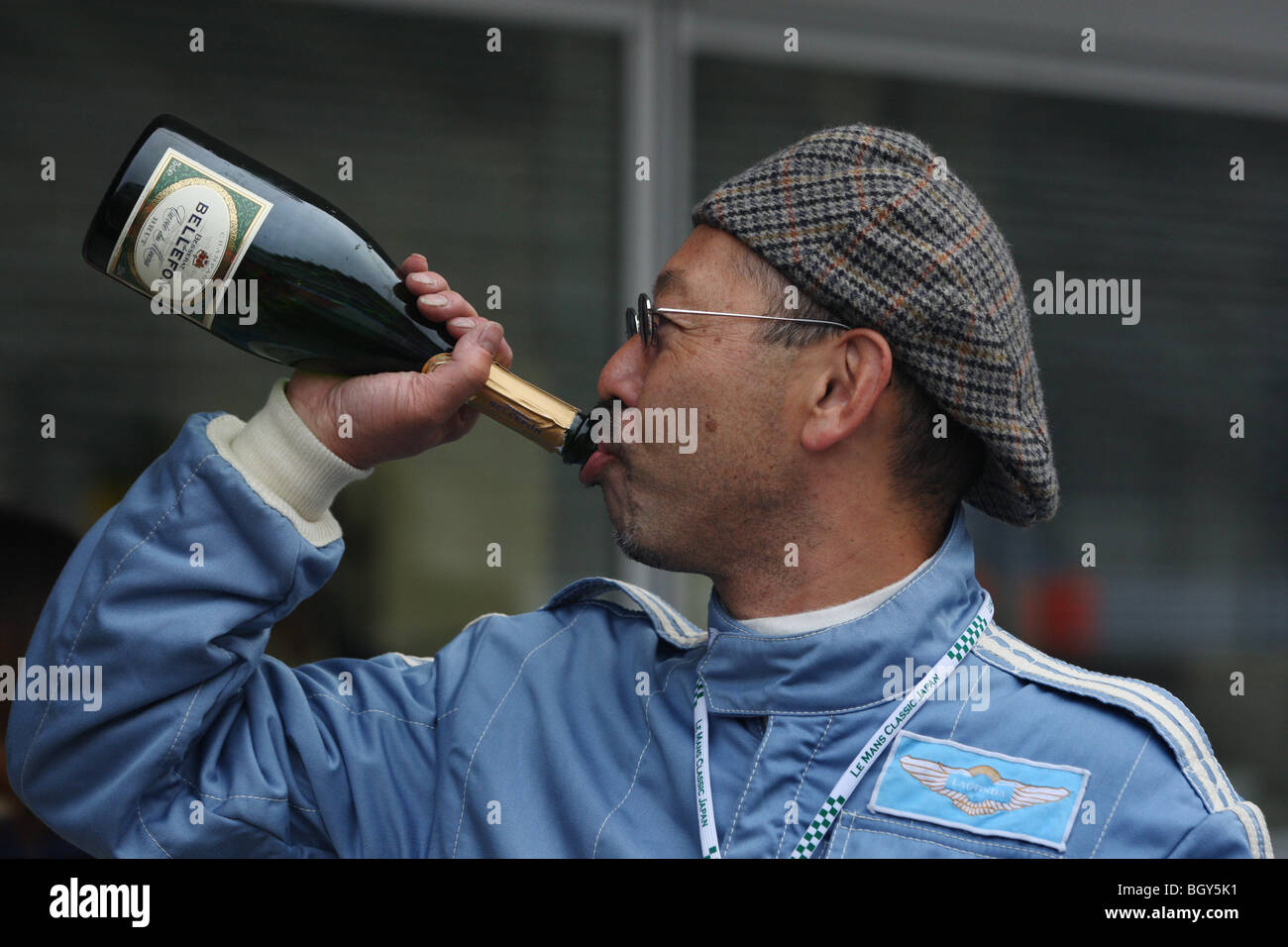 Tazuma Kaneko celebrates being a winner. Le Mans Classic car race, Fuji ...