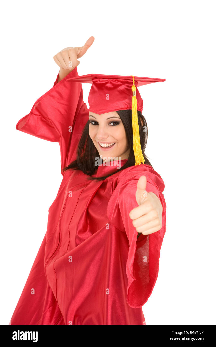 Beautiful Caucasian girl in graduation gowns and smiling Stock Photo ...
