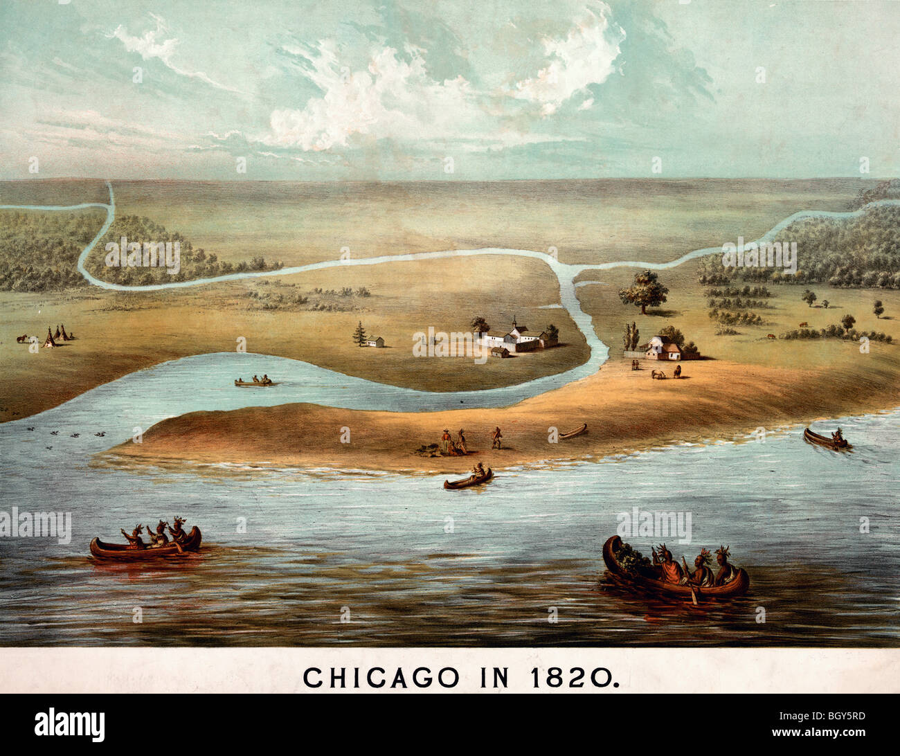 Chicago in 1820 - Native Americans engaged in fur trading on the banks ...