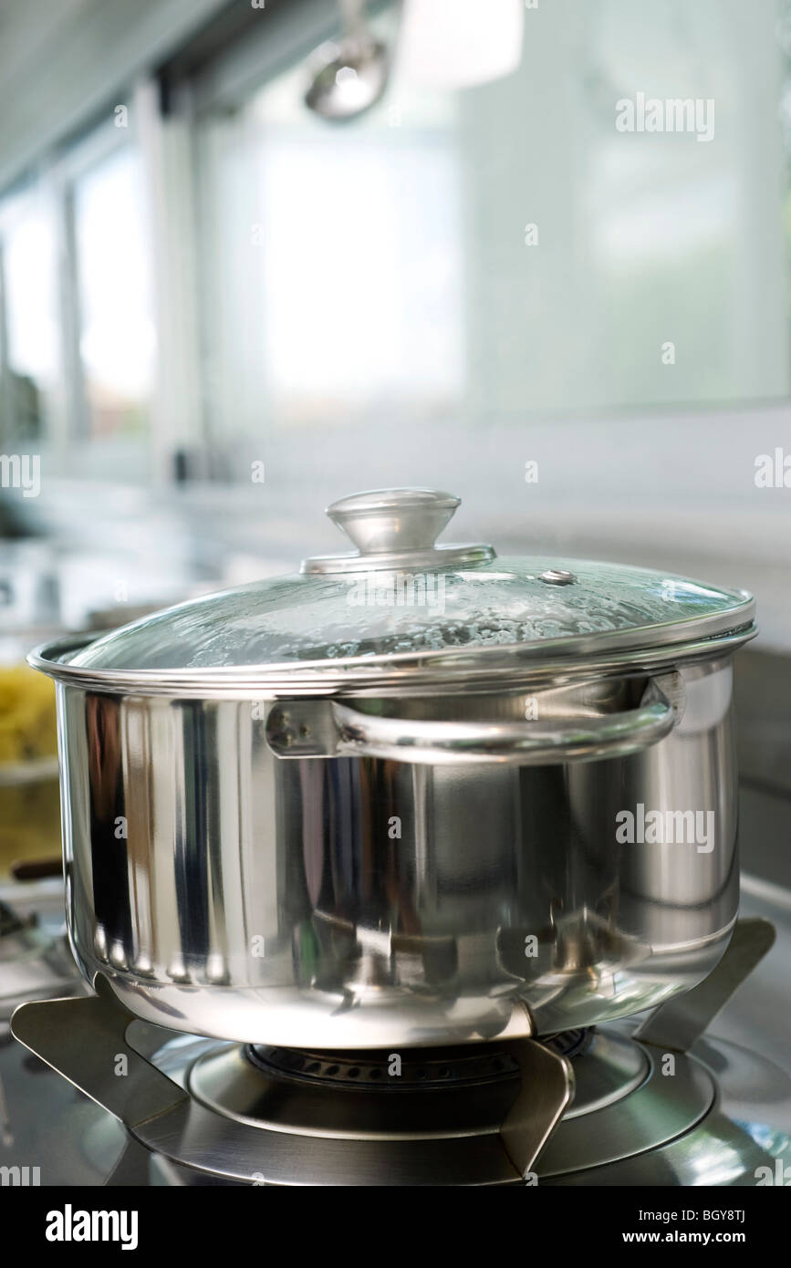 Pot cooking on stove Stock Photo - Alamy