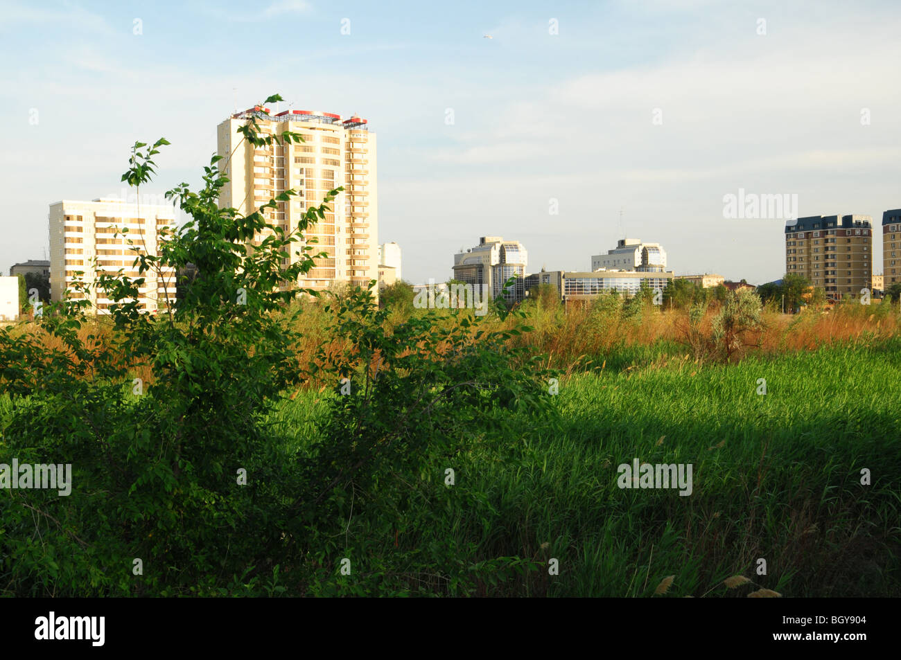 Views along the Ural River showing Atyrau City in Western Kazakhstan ...