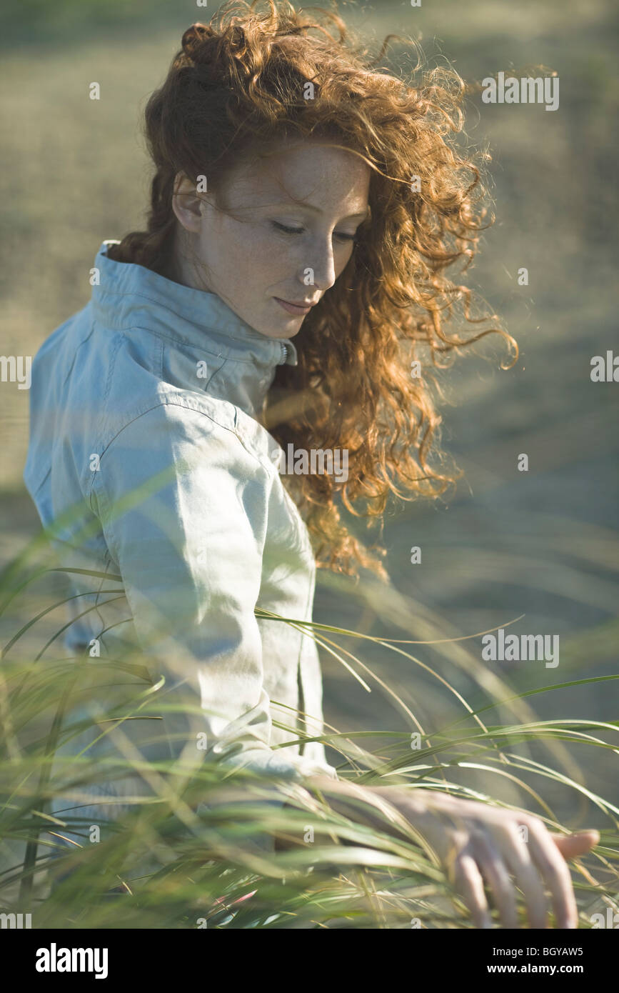 Woman running hand through blades of tall grass Stock Photo - Alamy