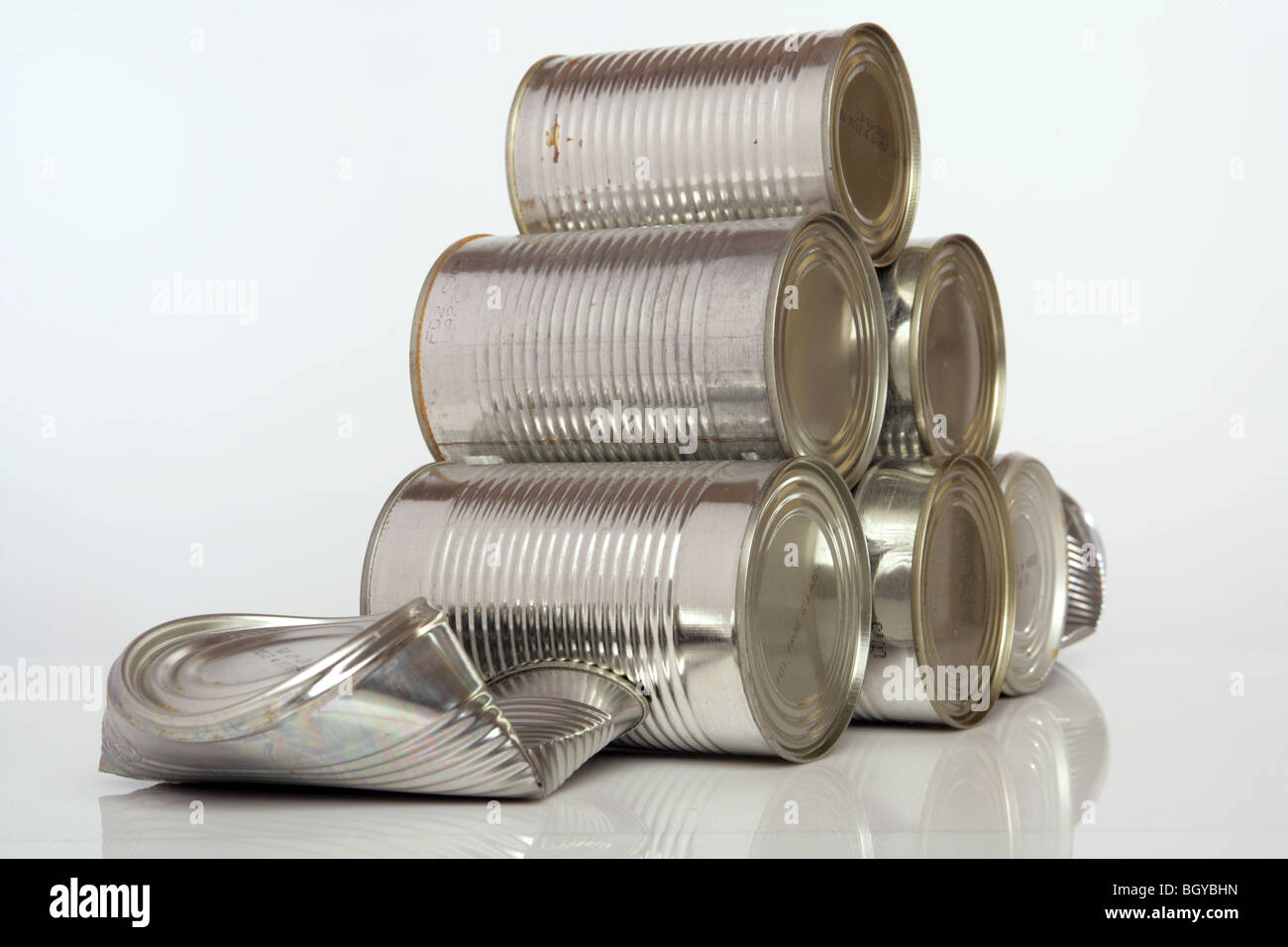 Tin food cans photographed on a reflective white background Stock Photo ...