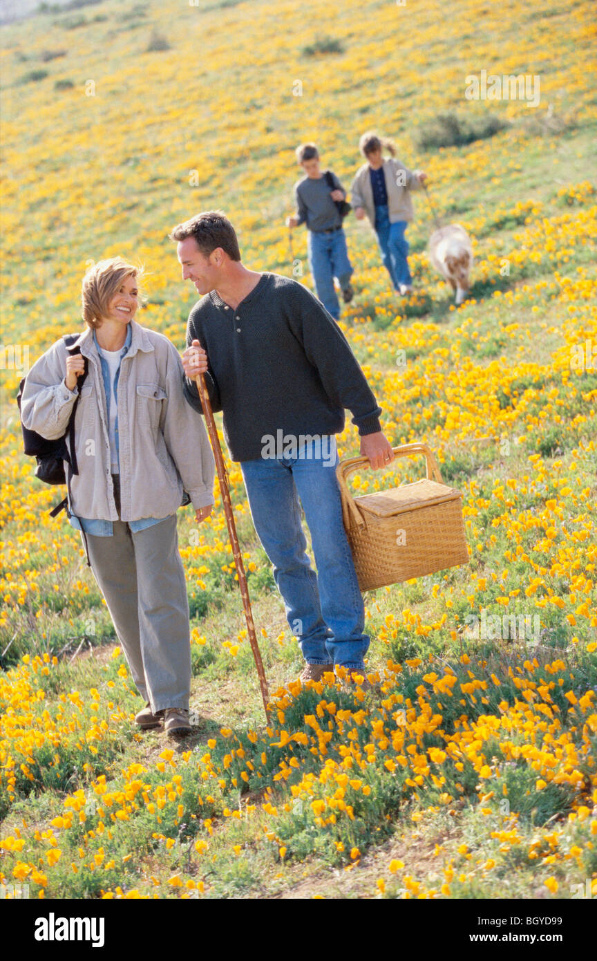 Family hiking in field of wildflowers Stock Photo - Alamy