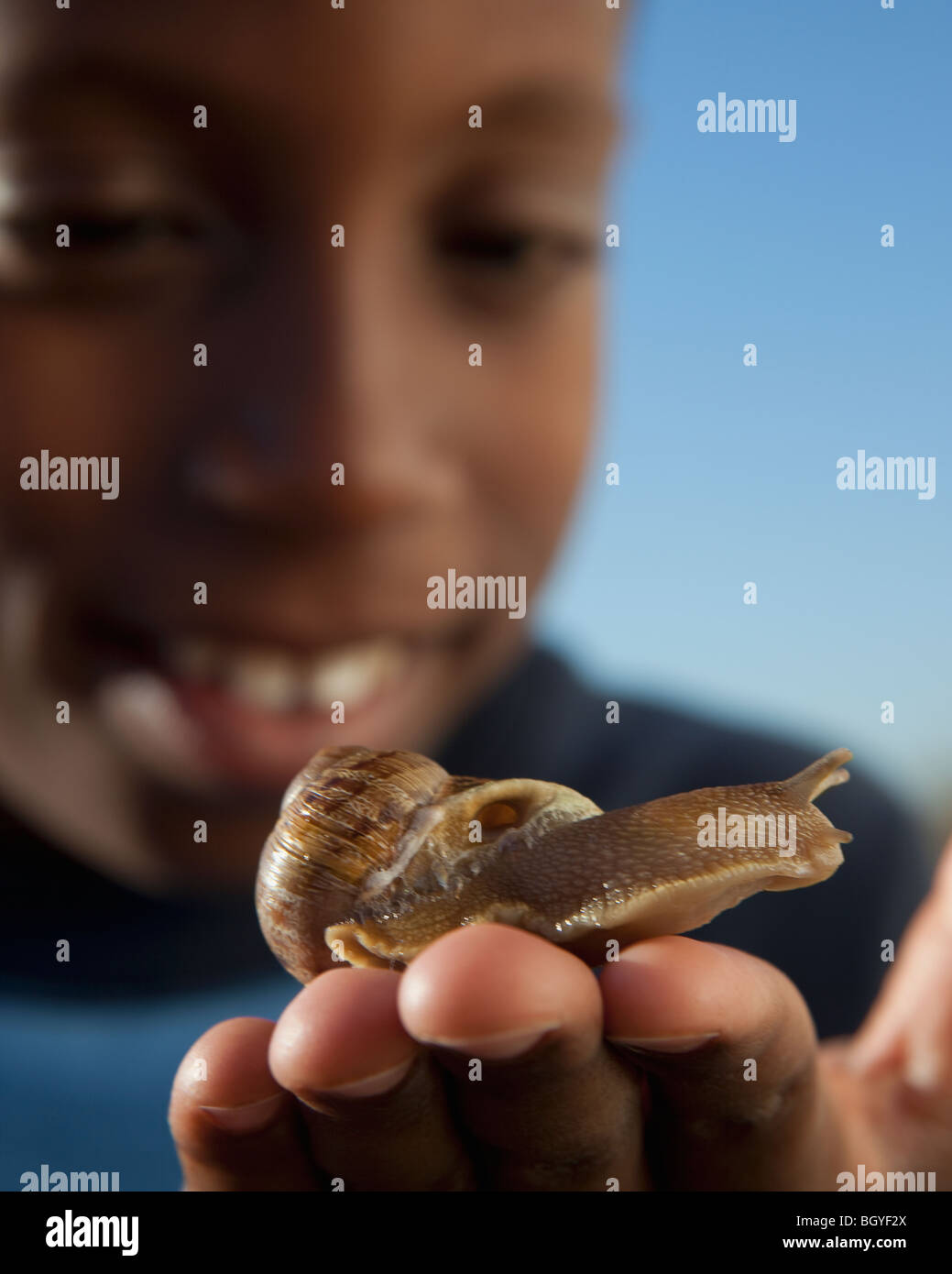 Young boy holding snail Stock Photo - Alamy