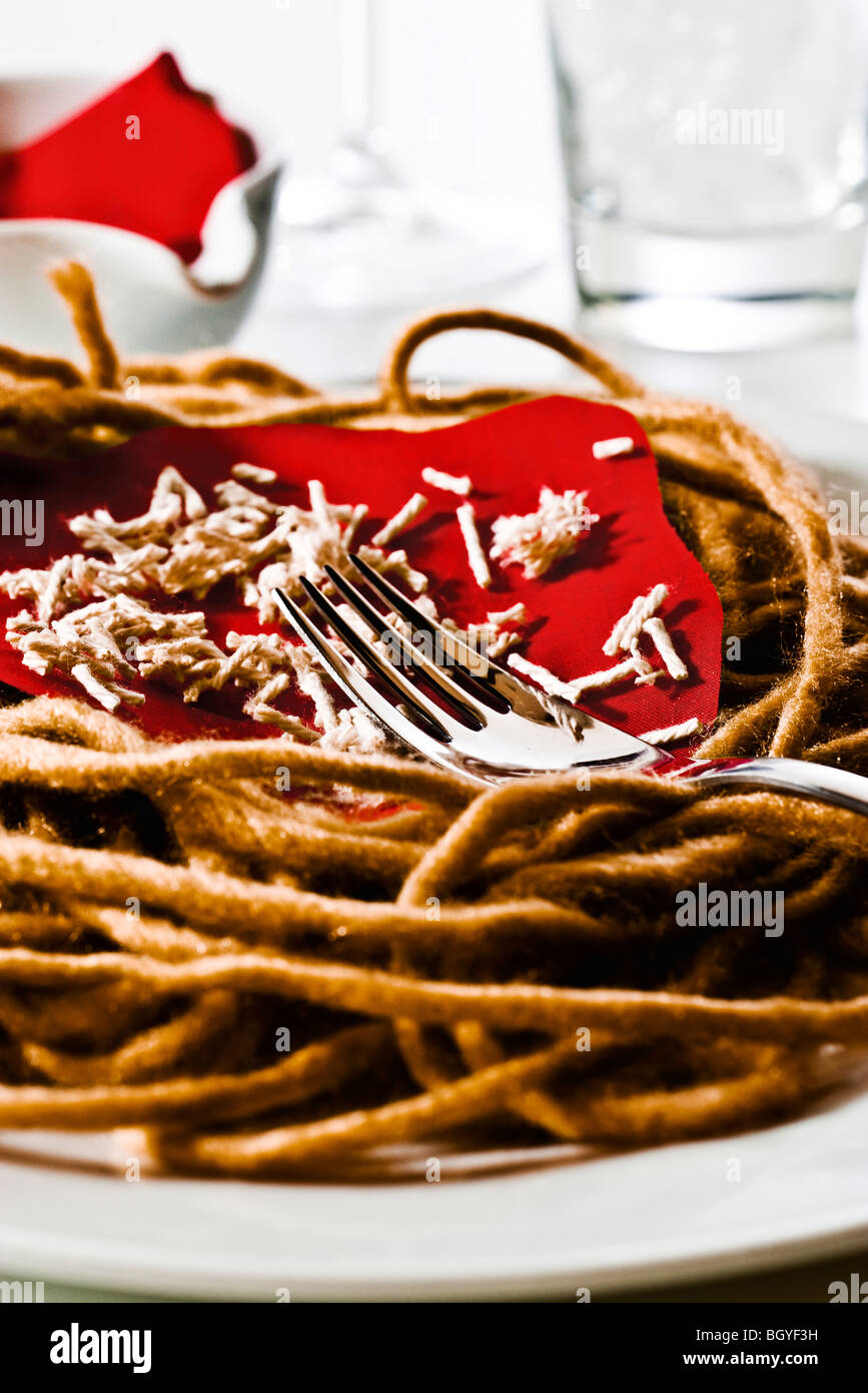 Food concept, fake spaghetti and sauce constructed from yarn, fabric ...