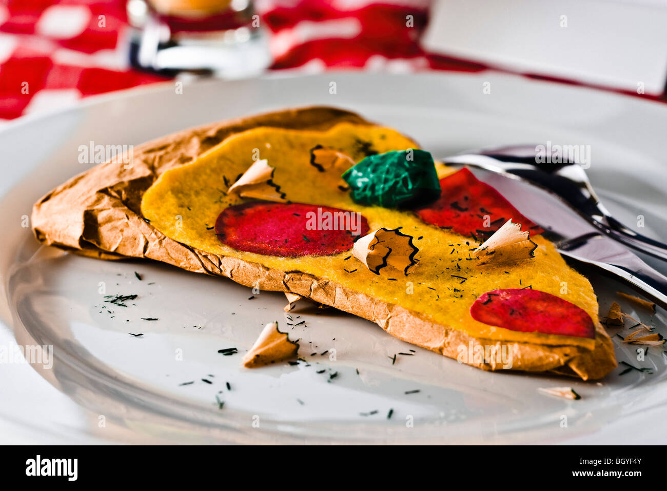 Food concept, fake slice of pepperoni pizza constructed from paper ...