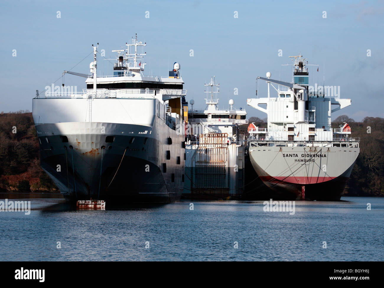 Cargo ships moored in the River Fal, Cornwall Stock Photo - Alamy